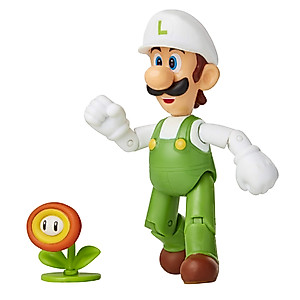 Super Mario Action Figure 4 Inch Fire Luigi Collectible Toy with Fire Flower Accessory