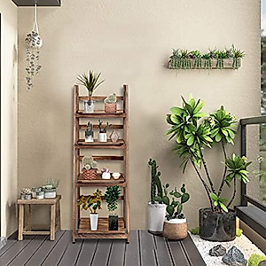 ECOMEX 4 Tier Ladder Shelf, Wooden Ladder Shelf 4 Tier Bookshelf Rustic Foldable Ladder Shelf Storage Rack for Home Bedroom Office, Brown