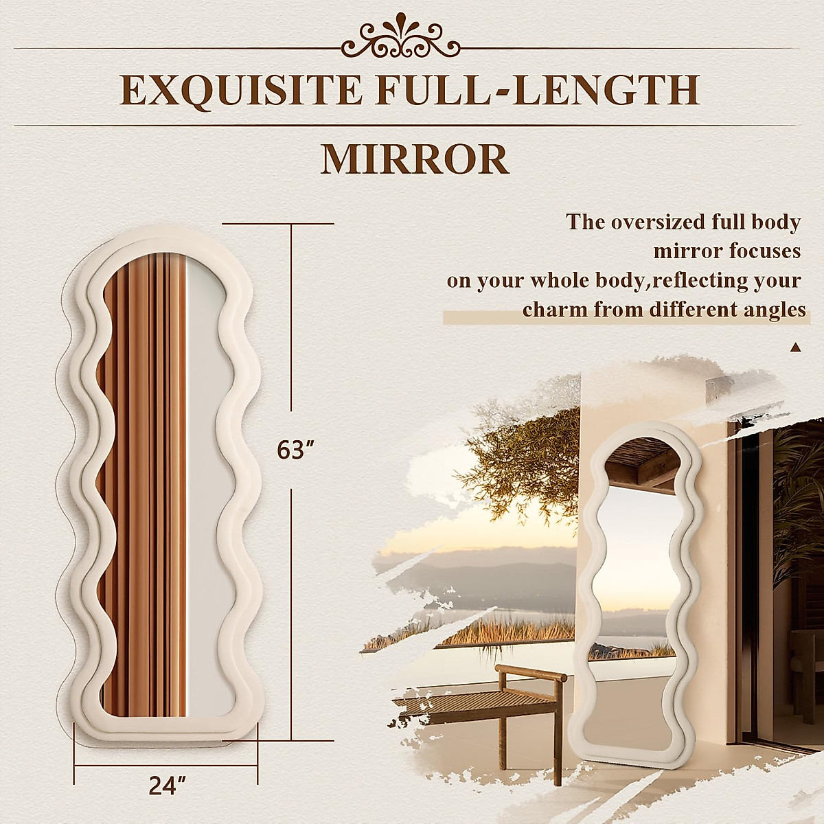ABSWHLM Arched Full Length Mirror 63"x24" Irregular Wavy Mirror with Flannel Wrapped Wood Frame Floor Mirror for Living Room, Bedroom Hanging or Leaning Wall-Mounted, Milk White
