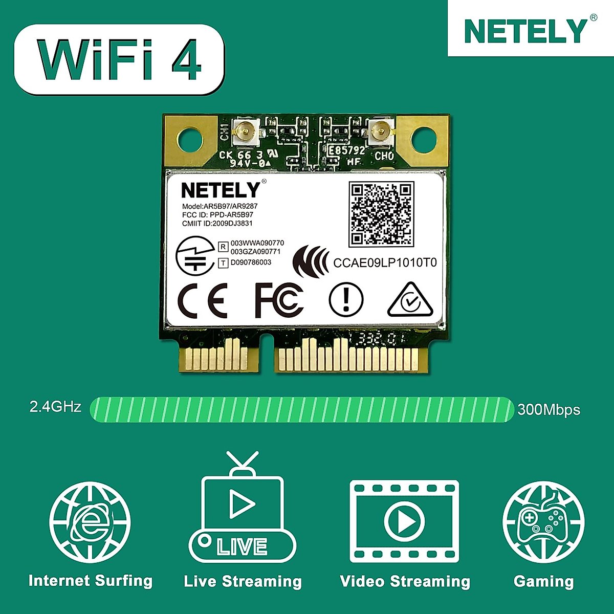 NETELY IEEE 802.11N Mini-PCIE Interface 300Mbps WiFi Adapter for Laptop PCs and Desktop PCs, Mini-PCIE WiFi Card, Qualcomm Atheros AR9287 Wireless Network Adapter (AR9287)