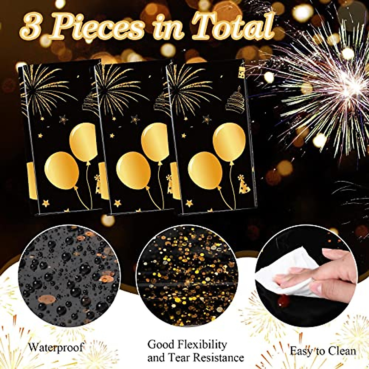 Remagr 3 Pack 50th Happy Birthday Tablecloth Disposable Plastic Table Cover Rectangular Black and Gold Cloths for Parties Decoration Supply Men Women Birthday, 54 x 108 Inch(50th), 54'' 108''