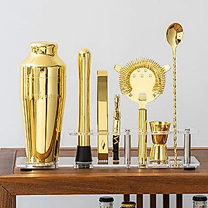 Btuqbu Cocktail Shaker Set with Arcylic Stand, Mixology Bartender Kit for Drink Mixing | Mixology Set with 7 Bar Set Tools Cocktail Kit (Gold)