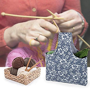 Teamoy 2 Pack Canvas Knitting Tote Bag and Knitting Needles Roll Holder for Yarn, Knitting Needles(14 Inches), Supplies and More, Perfect Size for Knitting on The Go(Large,Blue Flowers)