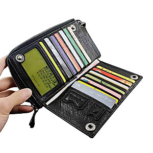 New Men's Biker Rocker Long Genuine Leather Wallet w/Purse Chain Black