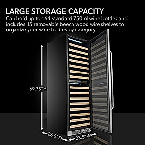 Whynter BWR-1642DZ 164 Built-in or Freestanding Stainless Steel Dual Zone Compressor Large Capacity Wine Refrigerator Rack for Open LED Display, Black-164 Bottle, Black