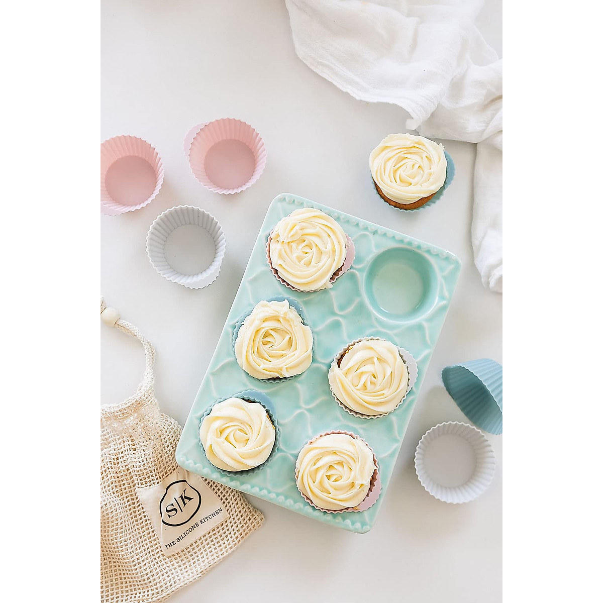 The Silicone Kitchen Reusable Silicone Baking Cup Silicone Muffin Liners for Cupcakes, BPA Free, Regular, 24 Pack, Pink Gray Blue