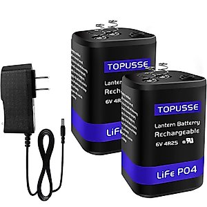 TOPUSSE Rechargeable 6 Volt 4.5AH LiFePO4 Lantern Battery with Charger 1500+ Cycles, 6V Batteries Battery with BMS (Spring Terminals) 2 Pack