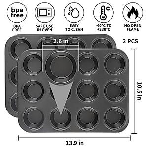 Doubay 12 Cup Muffin Pan - Nonstick Muffin Tins & Cupcake Pans for Baking - Superior Carbon Steel Coating - Safe to Use in 450F Oven - Ideal for Brownies, Cakes, Quiche - Dishwasher Safe