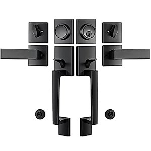 Door Handle Sets, Double Front Door Handle Set, Heavy Duty Matte Black Double Door Handleset with Dummy, Double Door Lock Set for Front Door Back Doors or Office Doors (Keyed And Dummy Handle Set)