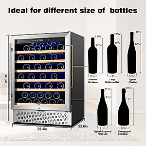 Tylza 24 Inch Wine Cooler Refrigerator 51 Bottle Built-in or Freestanding 24'' Fridge with Stainless Steel & Double Layer Tempered Glass Door and Temperature Memory Function