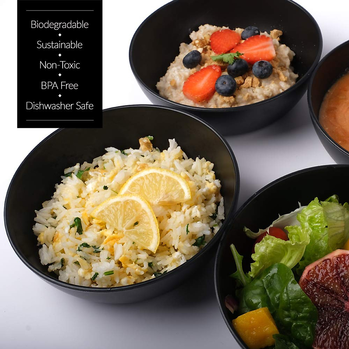 jiol ACASSA, Cereal Soup Bowls Set of 4, Black Cereal Bowls, 26 Ounce, Bowls for Salad, Ice Cream, Oatmeal, Bamboo Fiber, Dishwasher Safe, Unbreakable Dinnerware, Lightweight, Matte Black