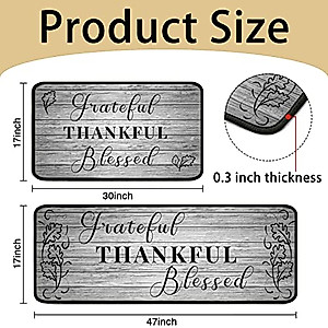 Grateful Thankful Blessed Kitchen Rugs Set of 2 Grey Non-Slip Kitchen Rug and Mat Cushioned Comfort Kitchen Standing Rug for Kitchen Floor Farmhouse Thanksgiving Decor 17"x47"+17"x30"