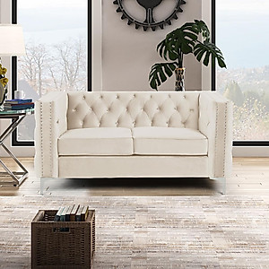 Morden Fort Loveseat Sofa, 61“Beige Mid-Century Couch with Button Tufted and Nailhead Trim and Iron Legs for Living Room, Apartroom, Bedroom, Office