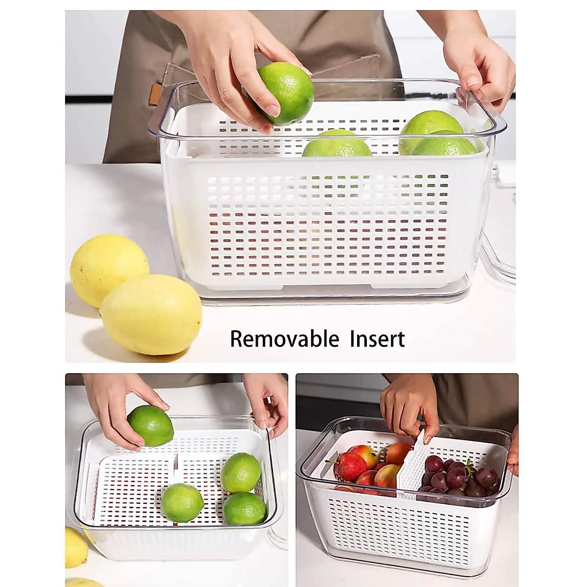 SHEBI PRODUCT - 3-Pack Refrigerator Organizer Bins- Clear Plastic Fridge Organizer for Fruit & Produce with Removeable Tray- Stackable Kitchen Organization- Fruit Containers for Fridge (White)
