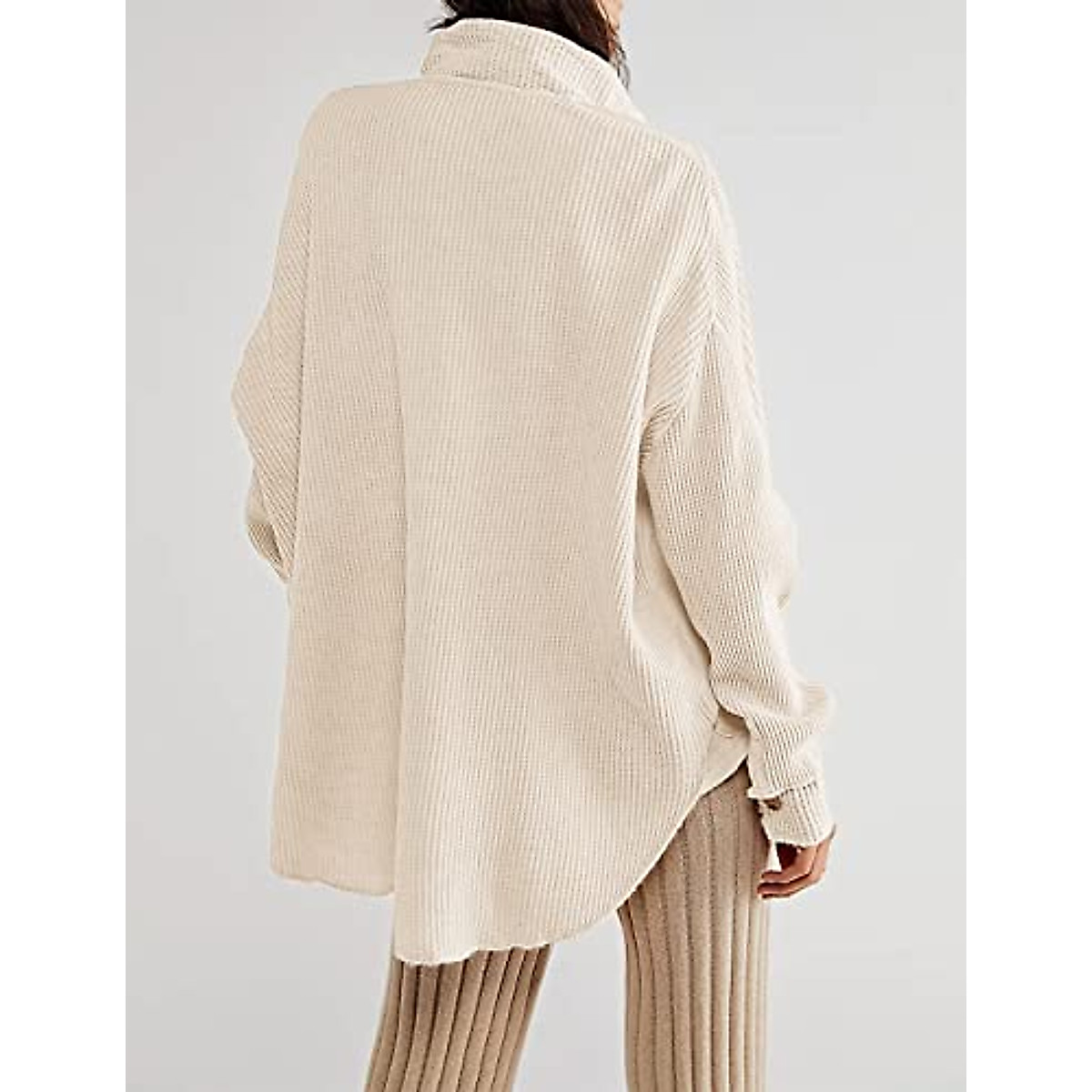 Freyhem Women's Oversized Waffle Knit Shacket One Scout Jacket Boyfriend Button Down Long Dolman Sleeve Shirts(Beige-L)