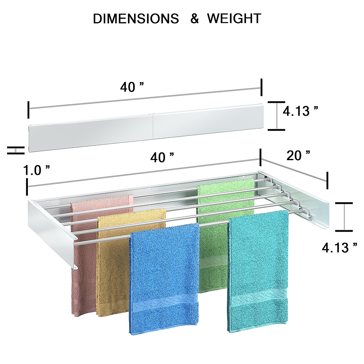 kenvc Laundry Drying Rack Collapsible, Wall Mounted, Clothes Drying Rack, 40" Wide, 16.4 Linear Ft, 5 Aluminum Rods, 60 lb Capacity, with Wall Template, Screwdriver Bit, Drill Bit (White 40" Large)