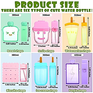 Queekay 6 Pcs Water Bottles with Straws for Kids Watermelon Water Bottle Adjustable Strap Leakproof Plastic Watermelon Ice Cream Camera Bread Biscuits Shaped Water Bottle for School Travel