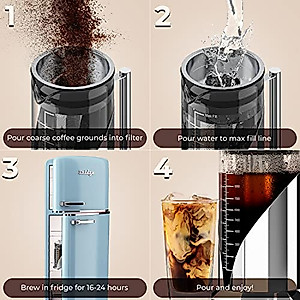 Cafe Du Chateau Start Brewing Perfect Iced Coffee & Tea w/Our Cold Brew Coffee Maker, Pitcher for Fridge (34oz) - Air Tight Seal, Measuring Label - Stainless Steel Iced Coffee Maker Machine, Brewer