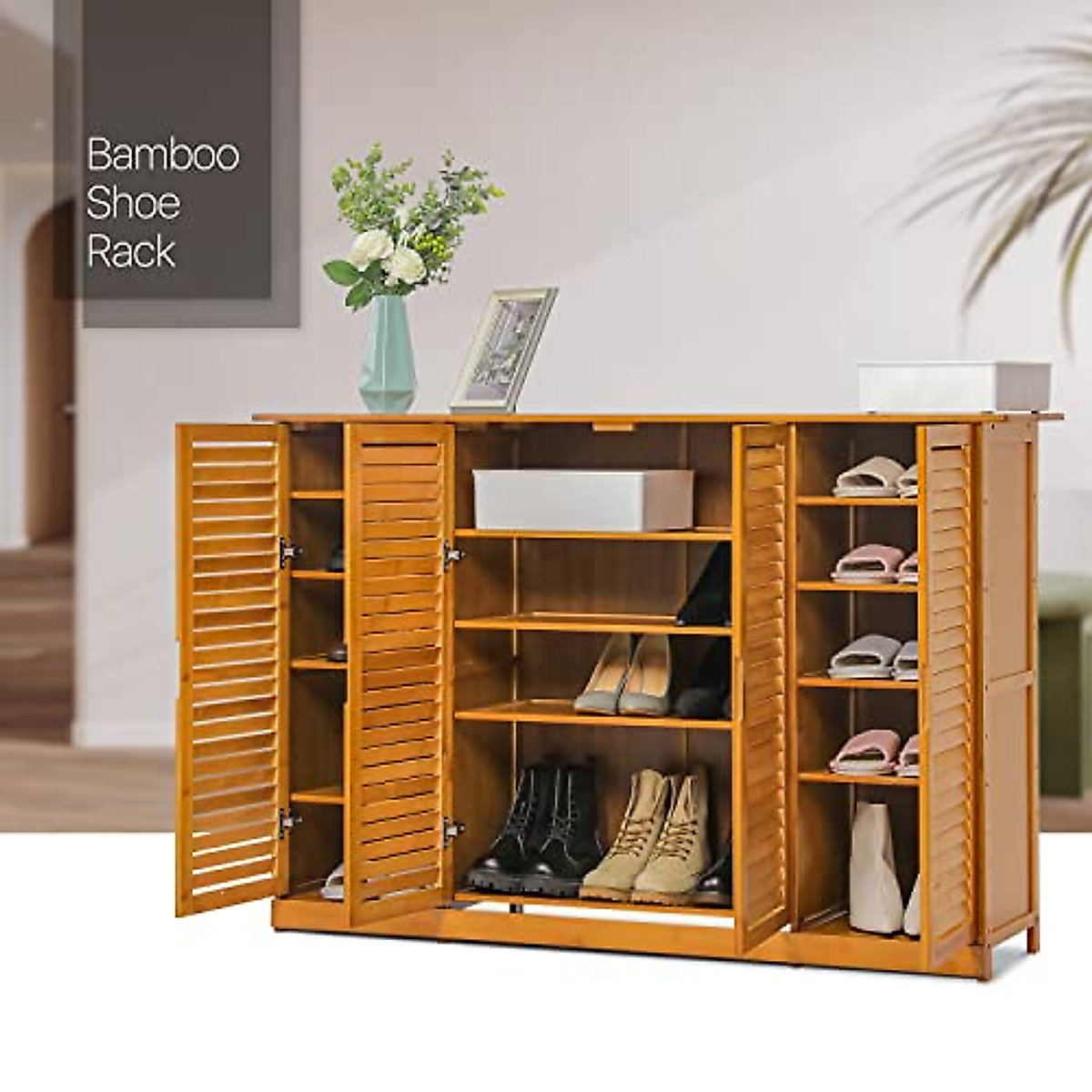 MoNiBloom Shoe Storage Cabinet with 2 Double Shutter Doors, Bamboo Floor Organizer Shelf Stand for 31-35 Pairs Entryway Hallway Bedroom, Brown