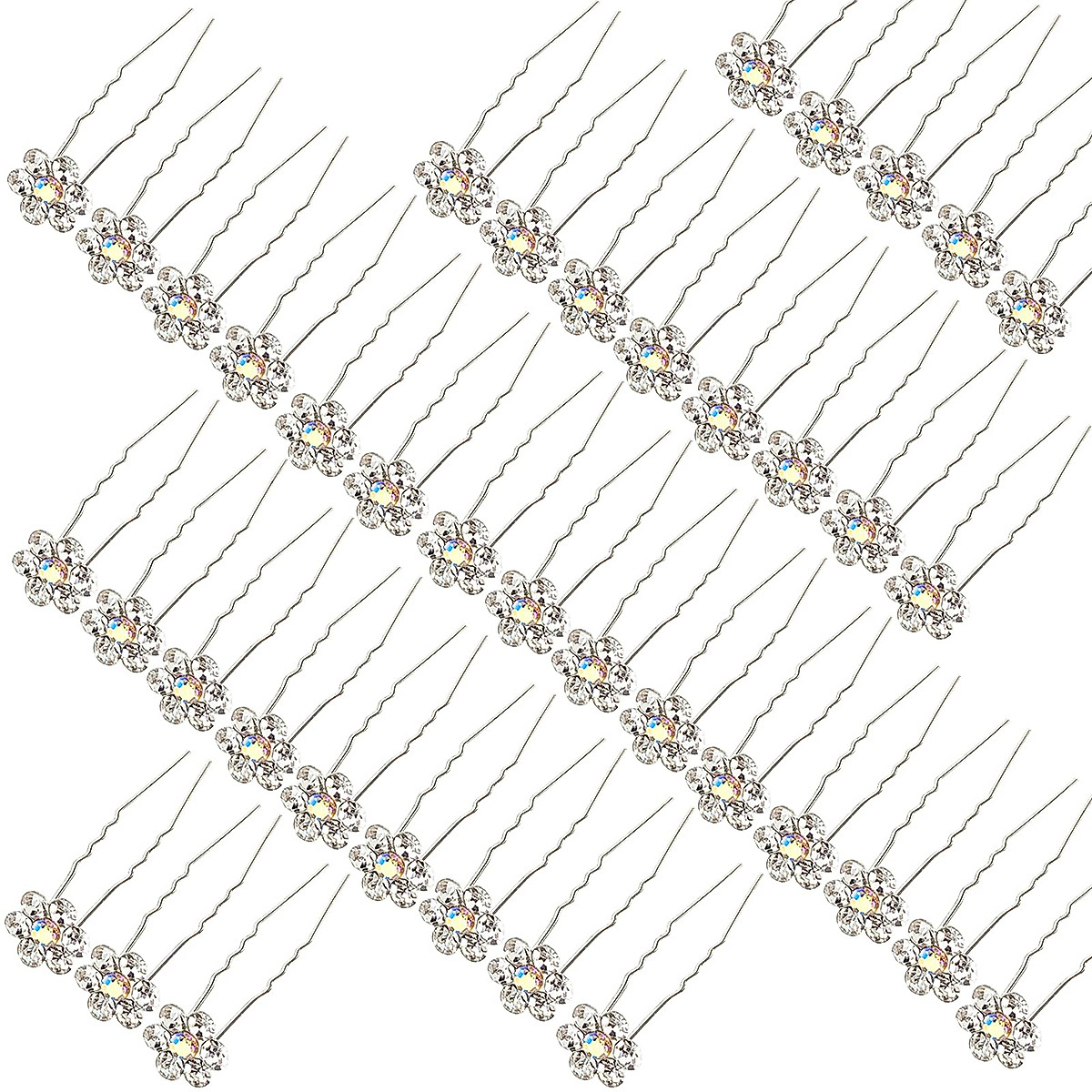BETITETO Rhinestone Flower Hair Pins, 40 Pcs U-Shaped Crystal Party Wedding Bridal Hair Accessories for Women Girls (White)