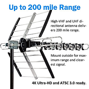 Five Star Outdoor HDTV Antenna up to 200 Mile Long Range, Attic or Roof Mount TV Antenna, Long Range Digital OTA Antenna for 4K 1080P VHF UHF Includes J Mount, 40 ft. RG6 Coaxial Cable