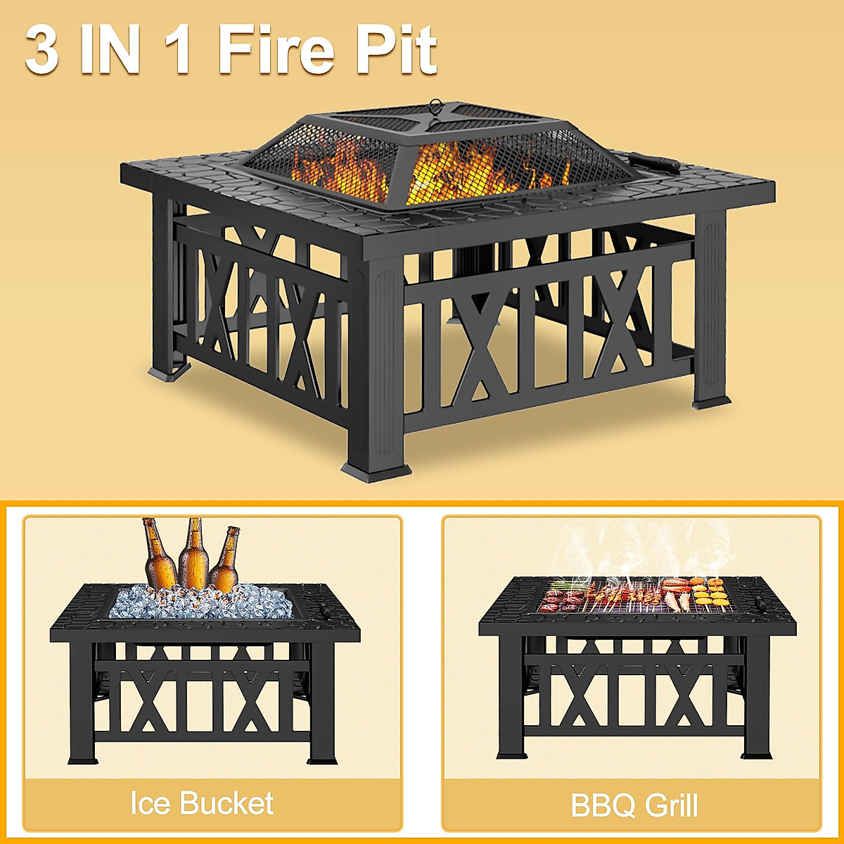 VECELO Outdoor Fire Pit Table, 32'' Square Firepit Stove, Multifunctional Fireplace with Sturdy Legs Spark Screen Lid and Poker, Perfect for Backyard Patio Garden Picnic, Faux-Stone Finish-Black