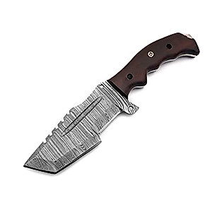 Handmade Damascus Tracker Knife 10 Inches Fixed blade hunting knife with Horizontal carry leather sheath Damascus steel fixed blade for hunting camping Skinning survival, rosewood handle.