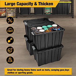 BROVIEW V12 11Gal Heavy Duty Plastic Storage Bins with Latching Lids, Stackable Tough Tote Storage Box Containers with Lock Hole & Handle for Garage Workshop Metal Rack (Black Base/Blue Lid, 4Pack)