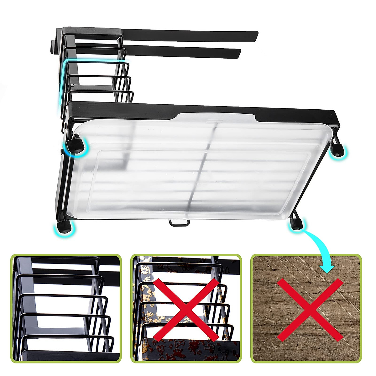 SVUASAN Sink Caddy Sponge Holder, Kitchen Countertop Rust Proof Sink Accessories Organizer with Handle Drip Drainer Pan Dishcloth Rack for Dish Brush, Soap Dispenser, Dishwashing Gloves ( Black )