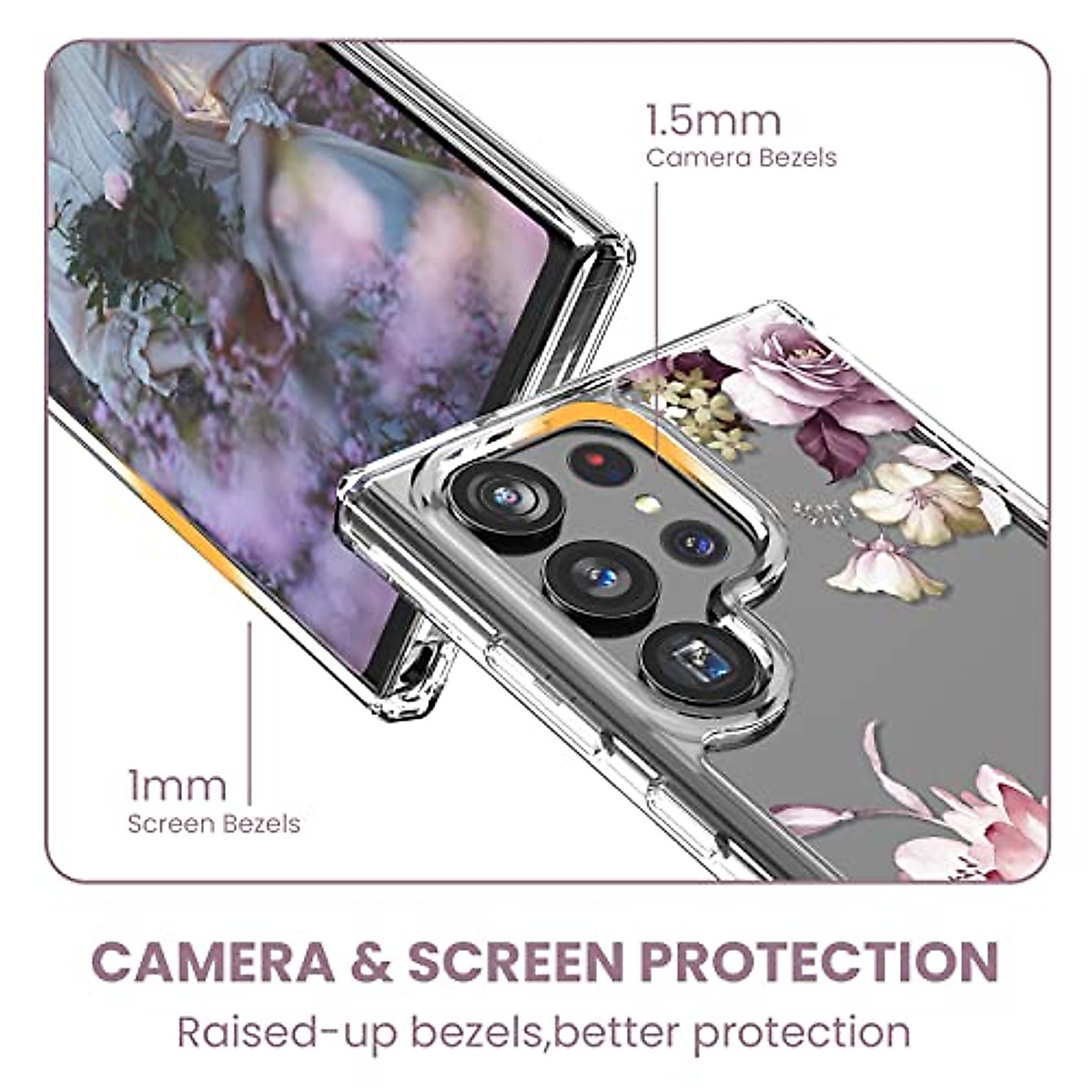 DagoRoo for Samsung Galaxy S23 Ultra Case with Tempered Glass Screen Protector, Girls Women Crystal Clear Flower Pattern Cases, Slim Fit Soft TPU + PC Shockproof Cover for Galaxy S23 Ultra (Purple)