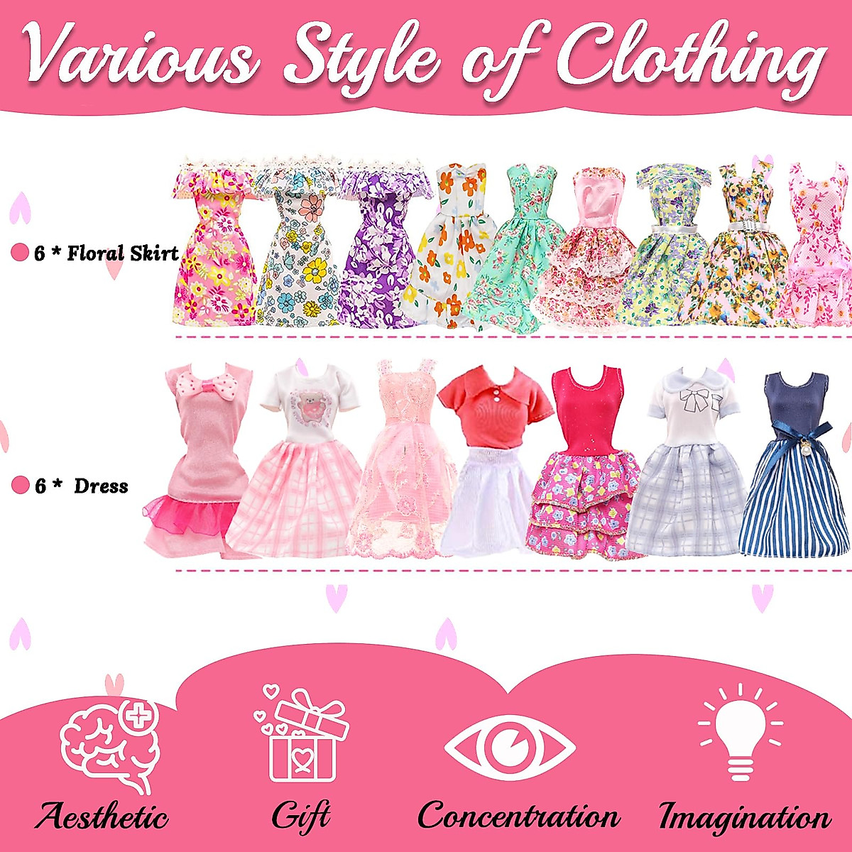 32 Pcs Doll Clothes and Accessories for Doll, 11.5 Inch Doll Outfit Collection Including 6 Floral Skirts 6 Dresses 5 Shoes 5 Accessories and 5 Bags (Random Style), for Girls Birthday Gifts