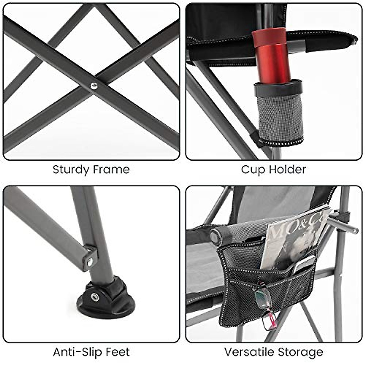 XGEAR Camping Chair Hard Arm High Back Lawn Chair Heavy Duty with Cup Holder, for Camp, Fishing, Hiking, Outdoor, Carry Bag Included (Cool Gray)