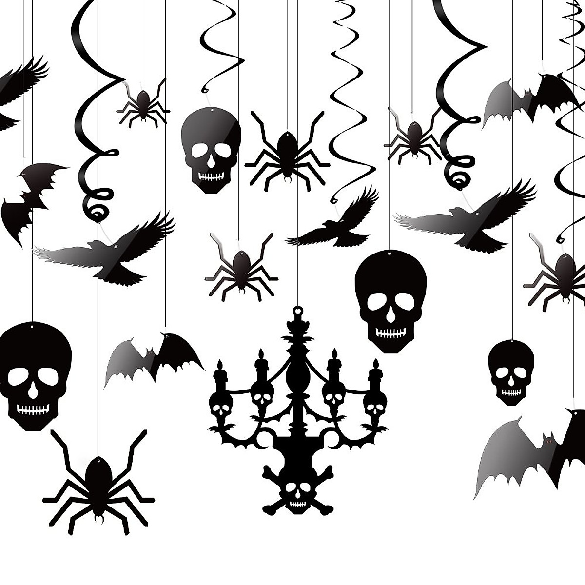 KUUQA Halloween Hanging Decorations Ceiling Decoration of Chandelier Bat Crow Spider Skull for Haunted House Decoration, Set of 20
