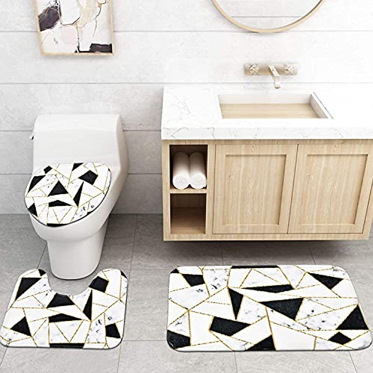 Marble Bathroom Set, Durable Waterproof Black and White and Gold Shower Curtain Set with Non-Slip Rugs and Toilet Lid Cover, 1 Shower Curtain (12 Hooks), 3 Toilet Mat & Lid Cover
