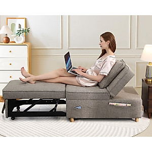 SEJOV Sleeper Sofa Chair Bed,4-in-1 Convertible Sofa Bed Chair with 6 Adjustable Backrest and Pillow, 3-Seat Pull Out Sleeper Chair Linen No Backrest for Bedroom Small Space Living Room, Grey Brown