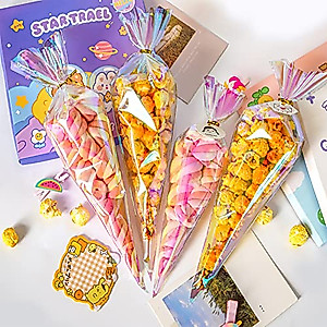 Cellophane Bags,50 Pcs Cellophane Treat Bags, Iridescent Holographic Candy Bags, Clear Goodie Bags with Colorful Twist Ties for Birthday Party Favors, Halloween,Christmas, Weddings, Baby Showers (S, Cone)