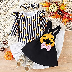 Toddler Girl Long Sleeve Striped Pumpkin Pattern Dress with Headbands Suit for 0 to 18 Teen Girl (Black, 3-6 Months)