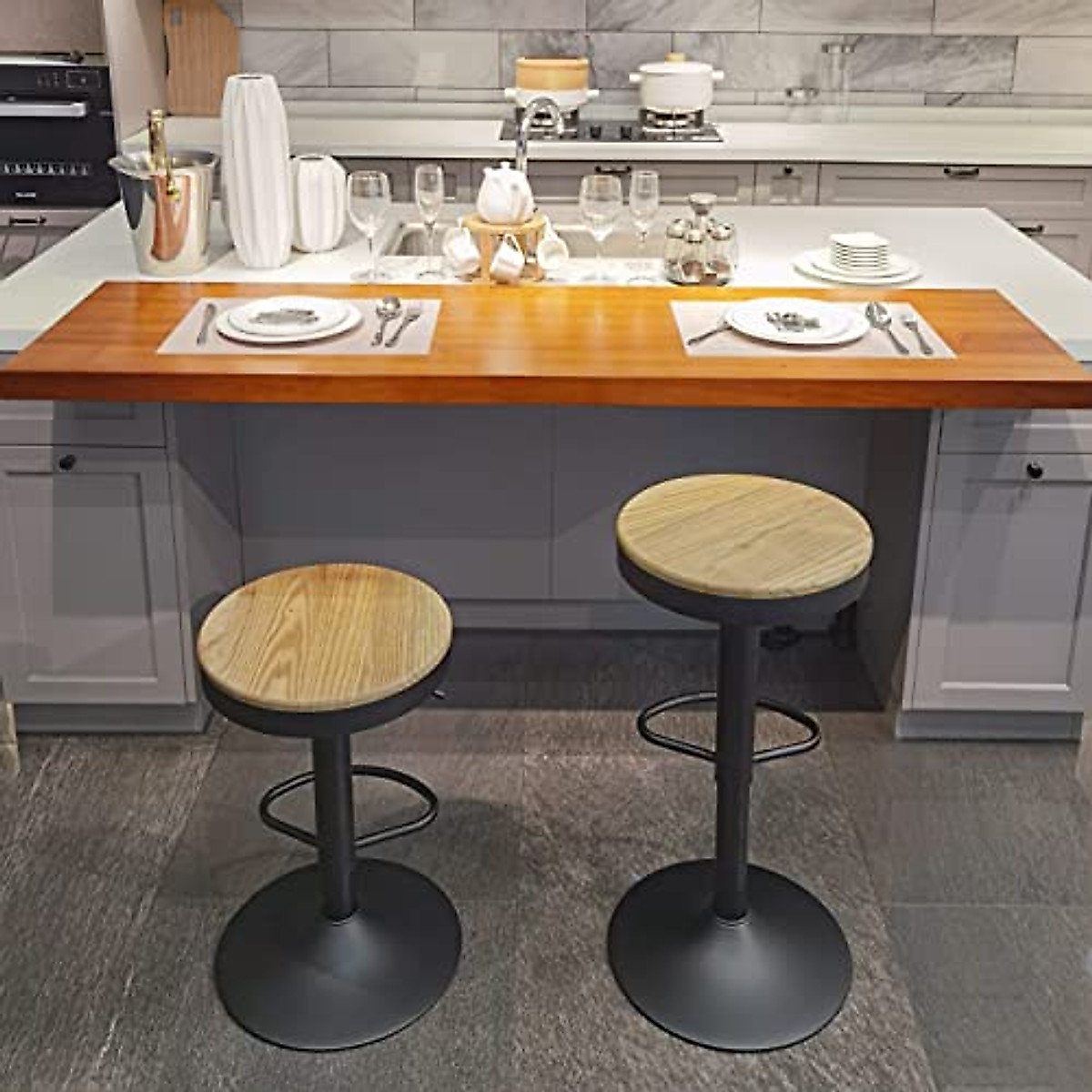 YOUNUOKE Bar Stools Set of 2 Round Adjustable Swivel Counter Height Barstool Backless Wood and Metal Bar Stools with Footrest Modern Bar Chair for Kitchen Counter Island