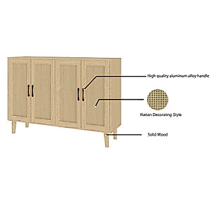 Panana Buffet Storage Cabinet with Rattan Decorating 4 Doors Living Room Kitchen Sideboard 48.43 x 34.65 x 15 inch (Natural Wood)