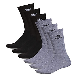 adidas Originals Trefoil Crew Socks (6-Pair), Heather Grey/Black/White, Large