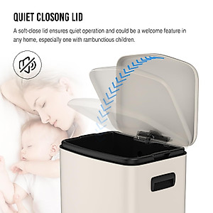 Pouseayar 13 Gallon Stainless Steel Foot Pedal Trash Can with Soft Close Lid, White, 13"L x 17"W x 23.46"H