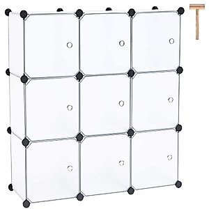 C&AHOME Cube Storage with Doors, 9 Cubes Storage Organizer, Plastic Closet Cabinet, Modular Book Shelf Units, Storage Shelves, Ideal for Office, Home, 36.6”L x 12.4”W x 36.6”H Translucent White