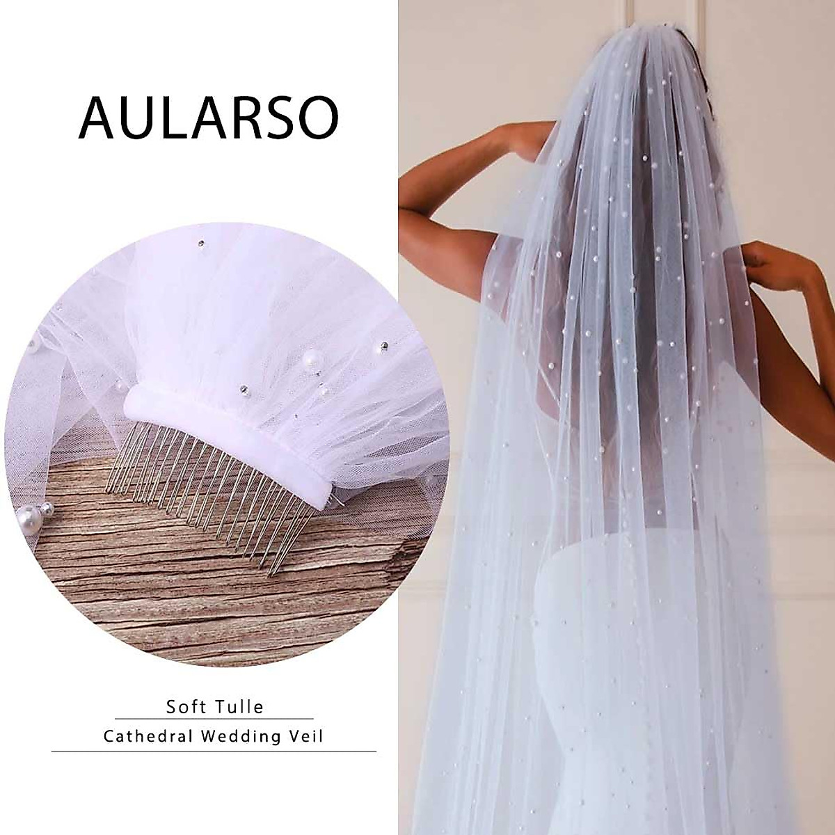 Aularso 118'' Cathedral Wedding Veil Pearl Bridal Veils Long Veil with Comb 2Tier Short Veil for Brides (White-118 * 59in(cathedral))