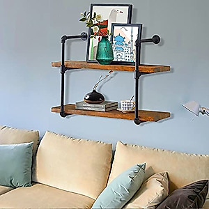 2 Tier Industrial Shelves Brackets, Wall Mount Iron Pipe Shelves, Pipe Floating Shelves for DIY Open Bookshelf Office Kitchen Home Bar (Plank Not Included) (2-Tier)