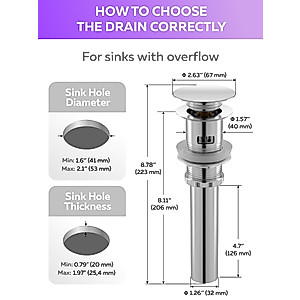 Premium Pop Up Drain with Overflow 1.6"- 1.9" Universal Bathroom Drain Kit - Chrome Bathroom Sink Drain with Overflow All Metal Rustproof Brass and 304 Stainless Steel - Push Button Sink Drain