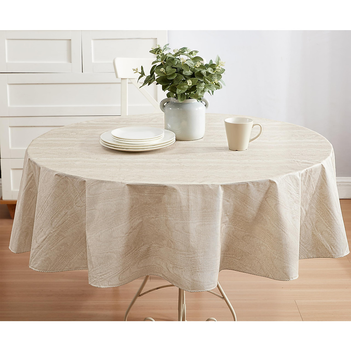 Newbridge Taupe Moire Wavy Solid Color Print Heavy Weight Vinyl Flannel Backed Tablecloth, Indoor/Outdoor Vinyl Tablecloth with Flannel Backing, 60” x 84” Oval