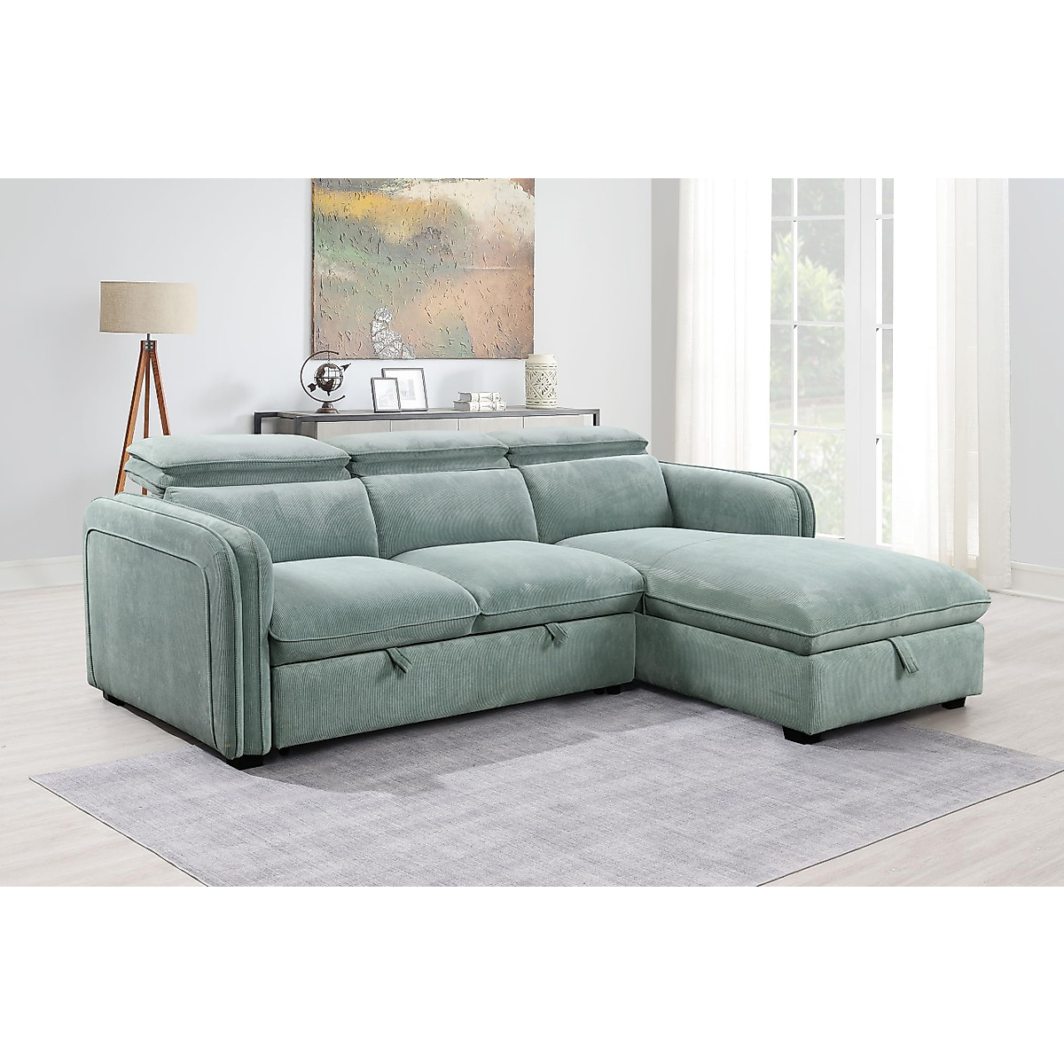 TXFTRR L Shaped Sleeper Sofa - Corduroy Couch Sectional with Pull Out Sleeper and Storage Chaise, Pull Out Bed Couch with Adjustable Headrest, Sleeper Sectional Sofa for Living Room, Light Green