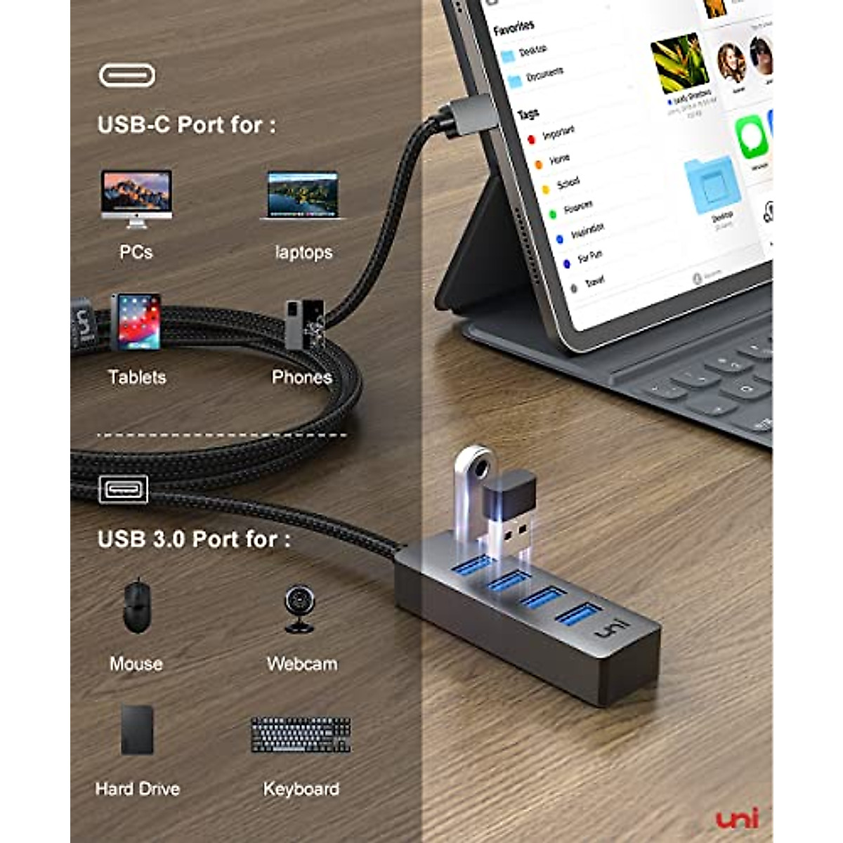 USB C to USB Hub Long Cable 4 FT, uni Slim Type-C to USB 3.0 Splitter [Thunderbolt 3/4 Compatible] for MacBook Pro/Air M1, Dell XPS, Surface Laptop 4 | HDD, MIDI Devices, Webcam and More