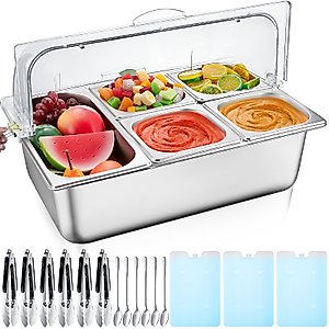 Tessco 1 Set Countertop Ice Food Serving Display Container Condiment Dispenser with Lid Stainless Steel Serving Tray Buffet Station with Clamps Spoons Ice Box for Restaurant Kitchen (5 Compartments)