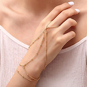 Chicque Beaded Ring Bracelet Hand Chain Gold Layered Finger Ring Hand Bracelet Party Hand Jewelry for Women and Girls
